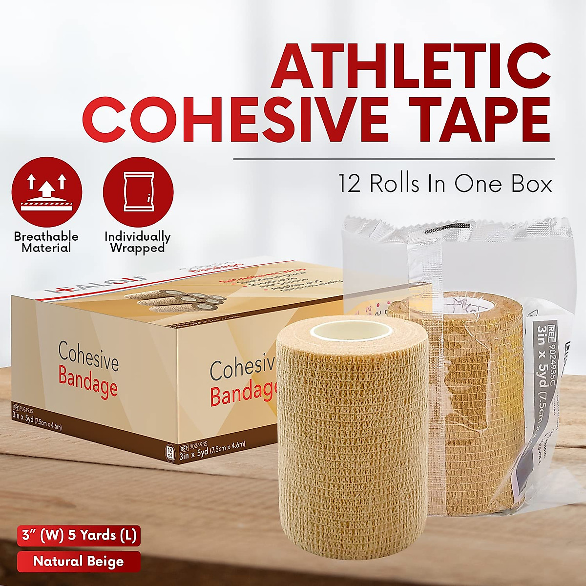 HEALQU Self Adhesive Bandage Wrap – Cohesive Tape for Athletic & Sports - 3" x 5 Yard Self Adherent Medical Tape, Flexible, Waterproof Elastic Bandages for Wrist & Ankle Vet Wrap for Dogs (Box of 12)