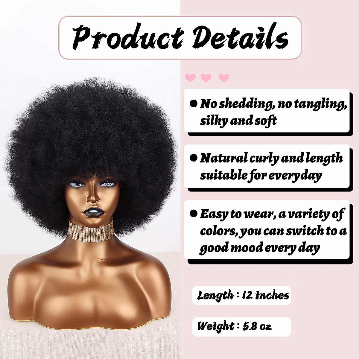 Xinran Short 70s Afro Wigs for Black Women, Large Synthetic Black Short Afro Wig 70's, 8 Inches 60s Afro Wig for Women Bouncy and Soft Natural Looking(Black)