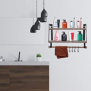 Kakivan 2-Tier Floating Shelves Wall Mount for Kitchen Spice Rack with 8 Hooks Storage, Rustic Farmhouse Wood Wall Shelf for Bathroom Décor with Towel Bar.