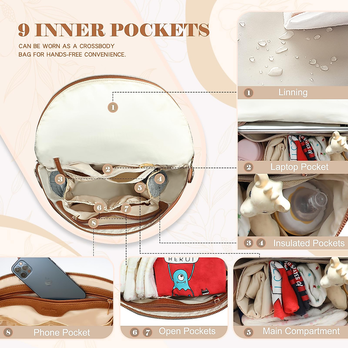 miss fong Diaper Bag Backpack Baby Diaper Bag, Large Leather Diaper Bag Backpack with Changing Pad, Stroller Straps, and 2 Insulated Pockets(Convertible, Brown)