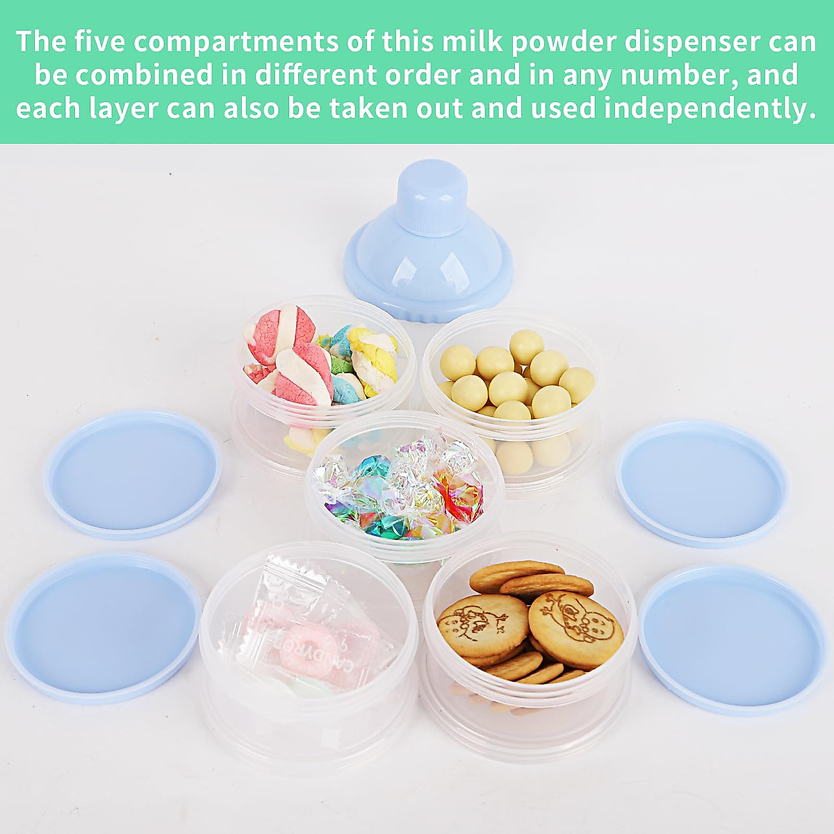 2 PCS 5 Layers Baby Milk Powder Dispenser, Milk Powder Pots, Formula Dispenser Portable Milk Powder Formula Dispenser Container Pot Box Milk Cans Snack Storage Box for Travel (Blue + Pink)