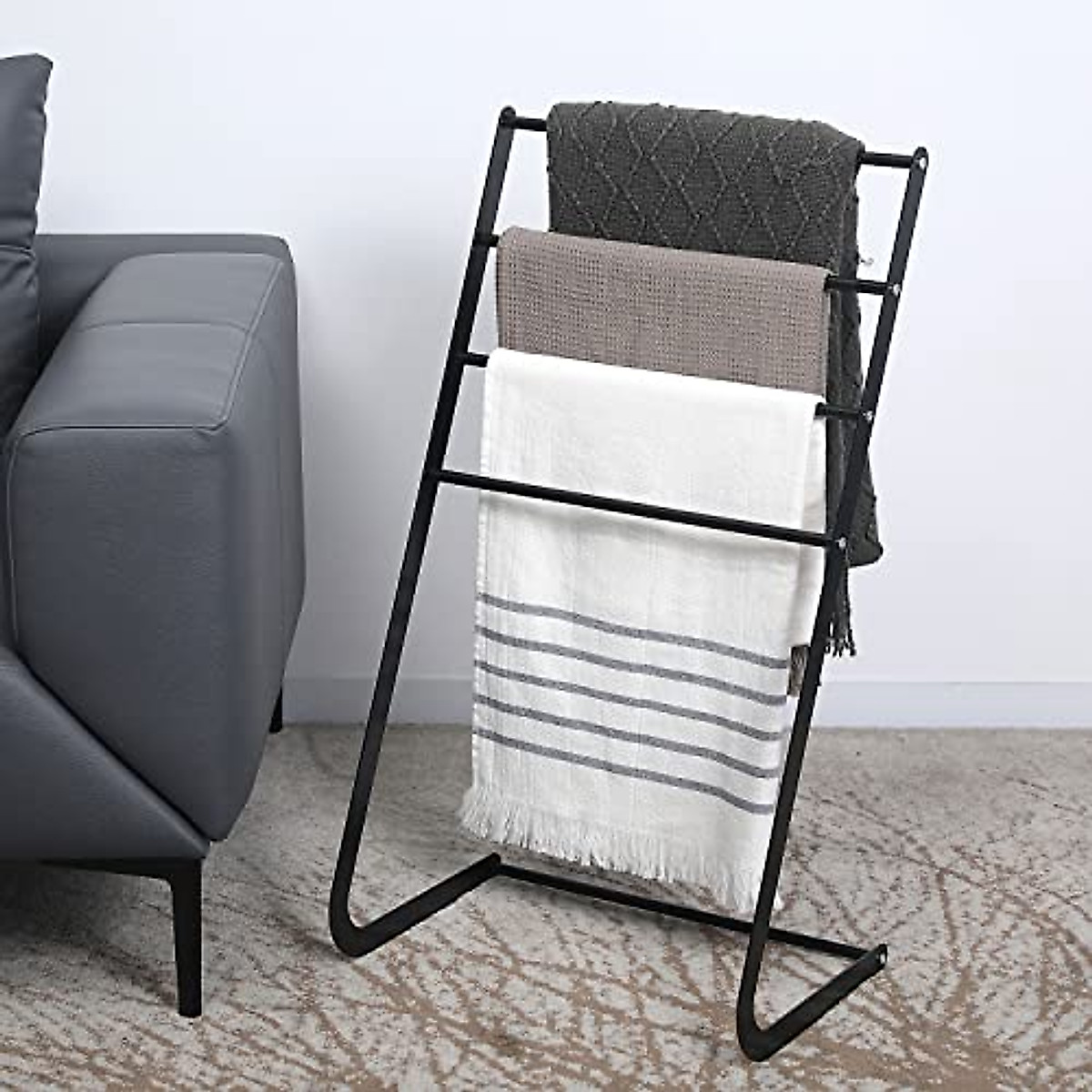 MyGift 4 Tier Freestanding Scarf Rack, Matte Black Metal Standing Silk Scarf and Neck Ttie Display Stand, Accessory Organizer