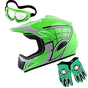 Martian Youth Kids Motocross Helmet ATV Dirt Bike BMX MX Helmet + Goggles + MG Youth Green Glove Bundle: Spider Green