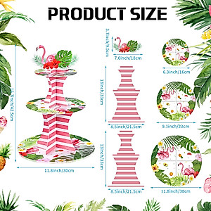 Pink Flamingo Cupcake Stand 3 Tier Hawaiian Luau Cake Holder Cardboard Tropical Leave Dessert Tower Holder Palm Leave Hibiscus Flower Cake Stand for Summer Hawaiian Birthday Baby Shower Party Supply