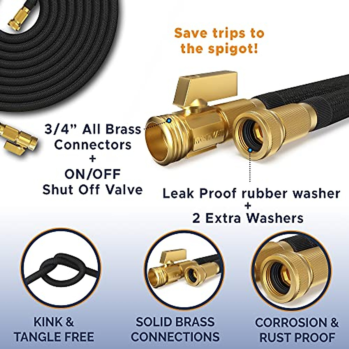 Morvat Expandable Garden Hose Water Pipe Garden Hose Sprayer Flex Hose-Lightweight No-Kink Flexible Collapsible Hose Premium Fabric 5500D 3/4" Solid Brass Fittings Built-in Quick Shut-Off Valve 150 FT