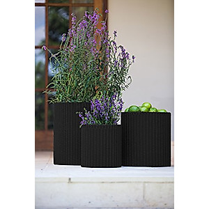 Keter Resin Wicker Cylinder Flower Pot Set of 3 Small, Medium, and Large Planters with Drainage Plugs for Outdoor or Indoor Plants, Charcoal Grey