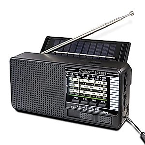 Oncheer Portable FM/AM/SW Radio, Build-in Bluetooth Speaker, Powered by Rechargeable Battery with Solar Panel for Charging, Emergency LED Light, Stretch Antenna, Support TF Card USB Mp3 Player