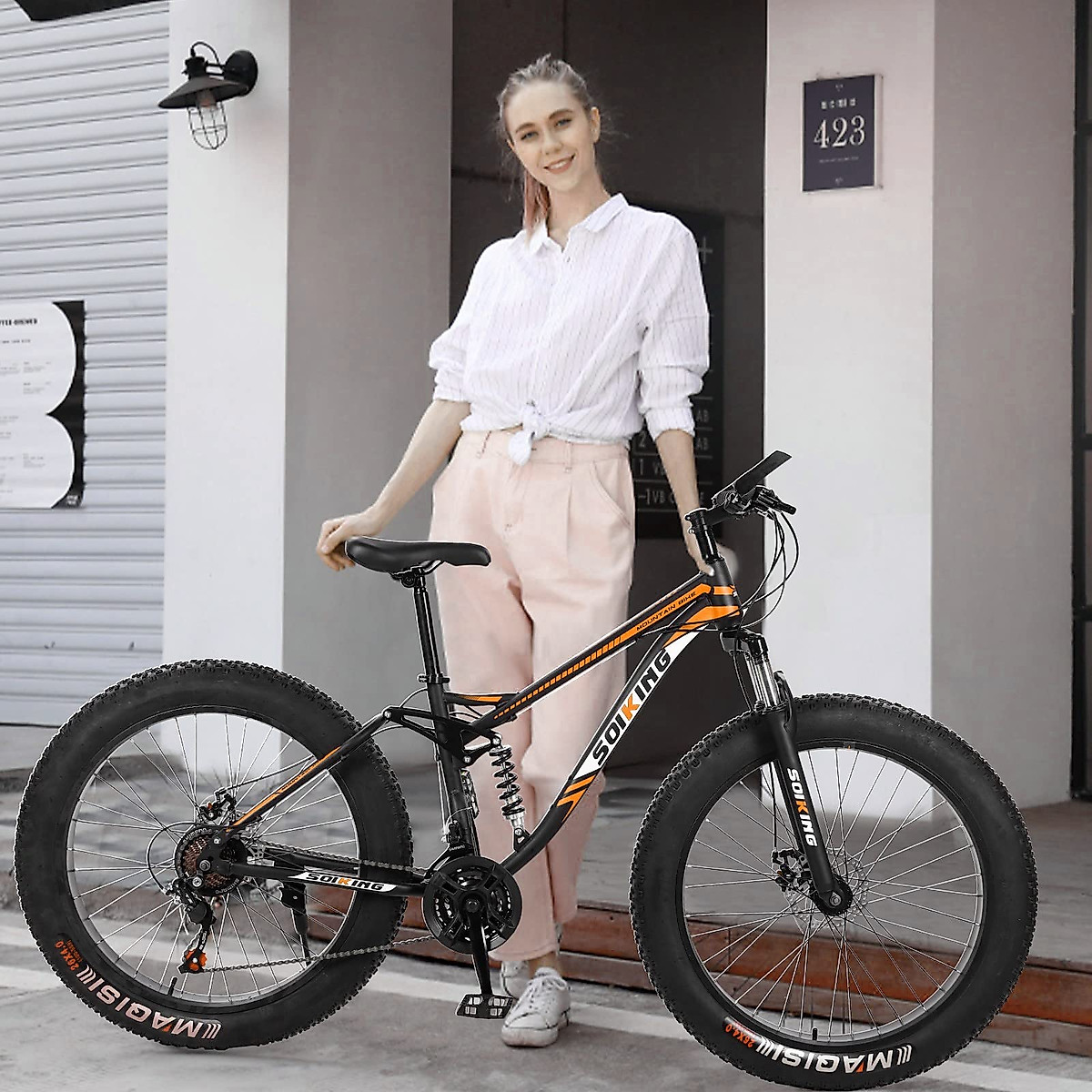 Fat Tire Mountain Bike, 26'' 21 Speed Outdoor Folding Snow Beach Hybrid MTB Racing Bikes for Adult Women Men, Comfort Complete Cruiser Bicycle, Foldable City Commuter Road Cycling (B), 94x88x38cm