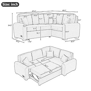 3 in 1 Convertible Sectional Sofa with Pull Out Bed , 87.4" L Shaped Corner Couch with USB Charging Ports & Plug Outlet , Breathable Linen Fabric Conversion Sofabed for Living Room Office Furniture