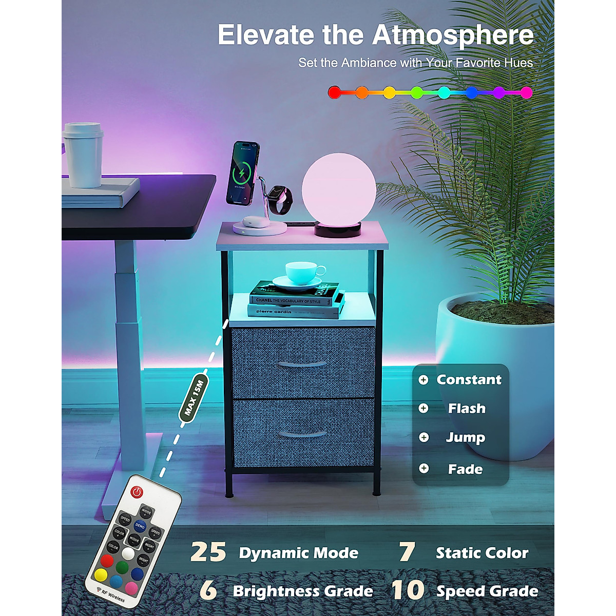 Innerjoin Nightstand with Charging Station USB A&C Ports, LED Nightstand with 2 Drawers & Storage Shelf, Bed Stand Side End Table for Bedroom Living Room Dorm, White