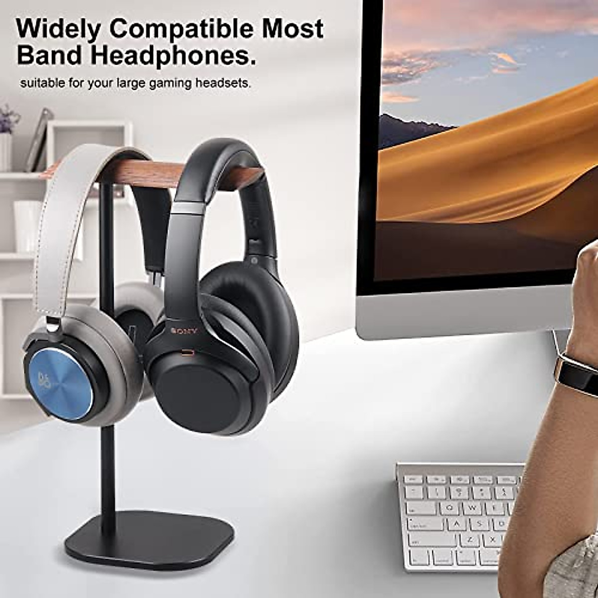 Gvoears Upgraded Headphone Stand, Walnut Wood Headphone Stand Headset Holder for Desk, Support Dual Headsets Suspension, Aluminum Alloy Support Rod Hanger, Dual Headphones Stand with Great Stablity