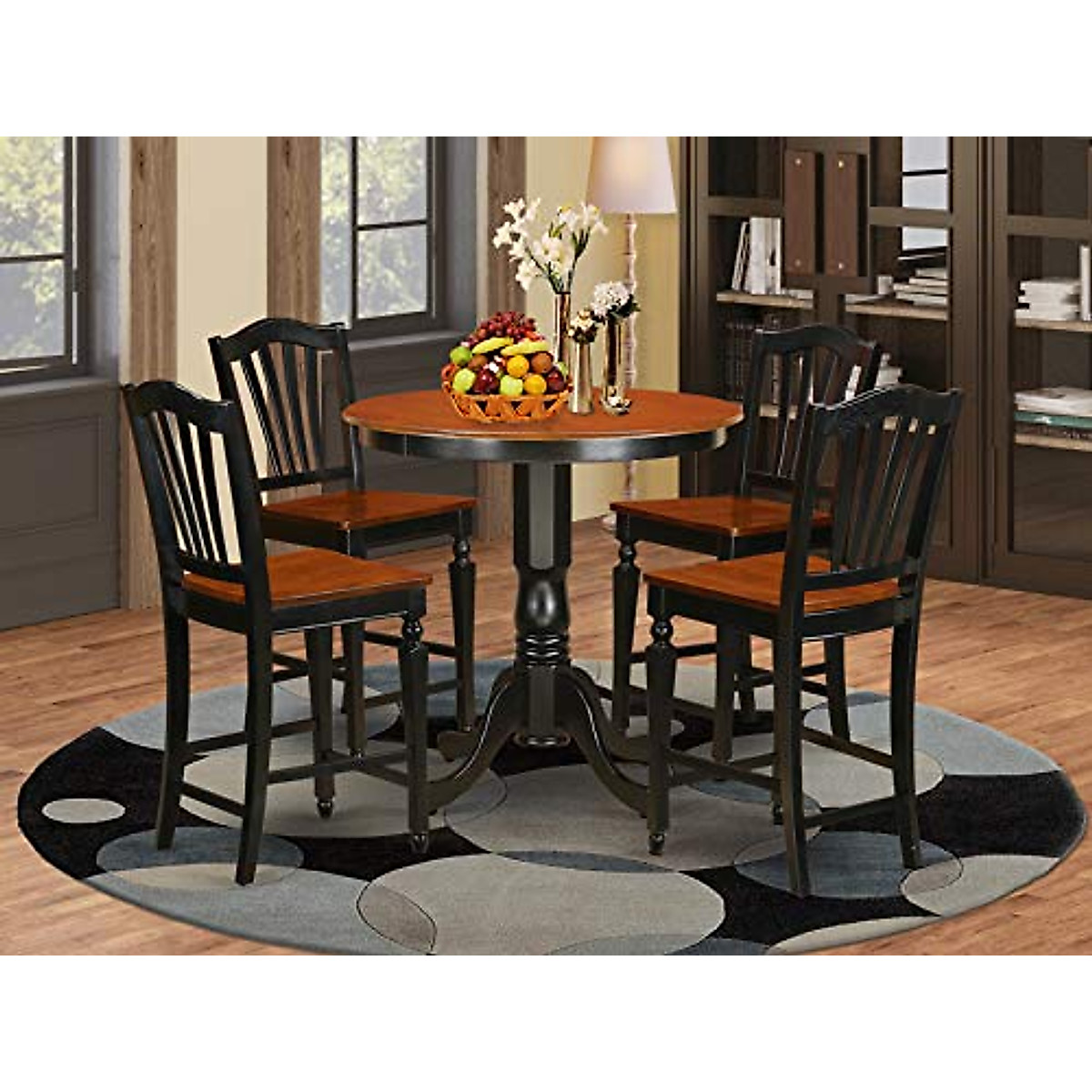 East West Furniture JACH5-BLK-W 5 Piece Counter Height Dining Table Set Includes a Round Kitchen Table with Pedestal and 4 Dining Room Chairs, 36x36 Inch, Black & Cherry