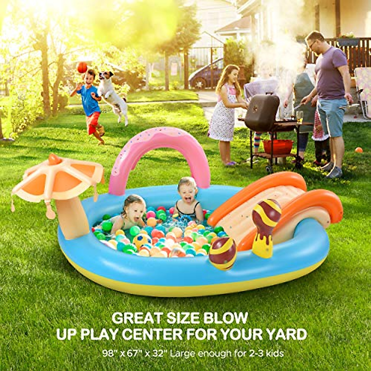 Inflatable Play Center, Hesung 98'' x 67'' x 32'' Kiddie Pool, Summer Inflatable Pool with Slide for Garden, Backyard Water Park, Fountain Arch, Extra Thick, Easy Set up for Ages 2+ Toddlers