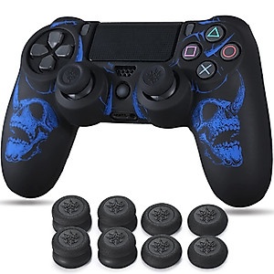 YoRHa Laser Carving Silicone Skin for PS4 Controller x 1(Skulls Blue) with Exclusive Thumb Grips x 8