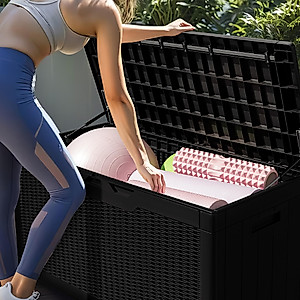 GUNJI 100 Gallon Resin Deck Box with Cushion,Outdoor Weatherproof Large Storage Box,Lockable Storage Container for Patio Furniture,Garden Tools,Pool Supplies (Black)