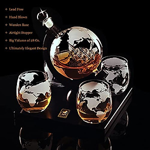 LiquorKnight Globe Whiskey Decanter Set/Hand-Blown Lead-Free Glass/Wooden Stand/Liquor Dispenser Bar Set with 4 Glass/Whiskey Stones & Funnel/Antique Glass Ship/Home Bar Accessory