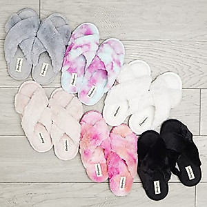 Dearfoams Women's Jessica faux faux fur Cross Band Slide Slipper, Alabaster, Medium