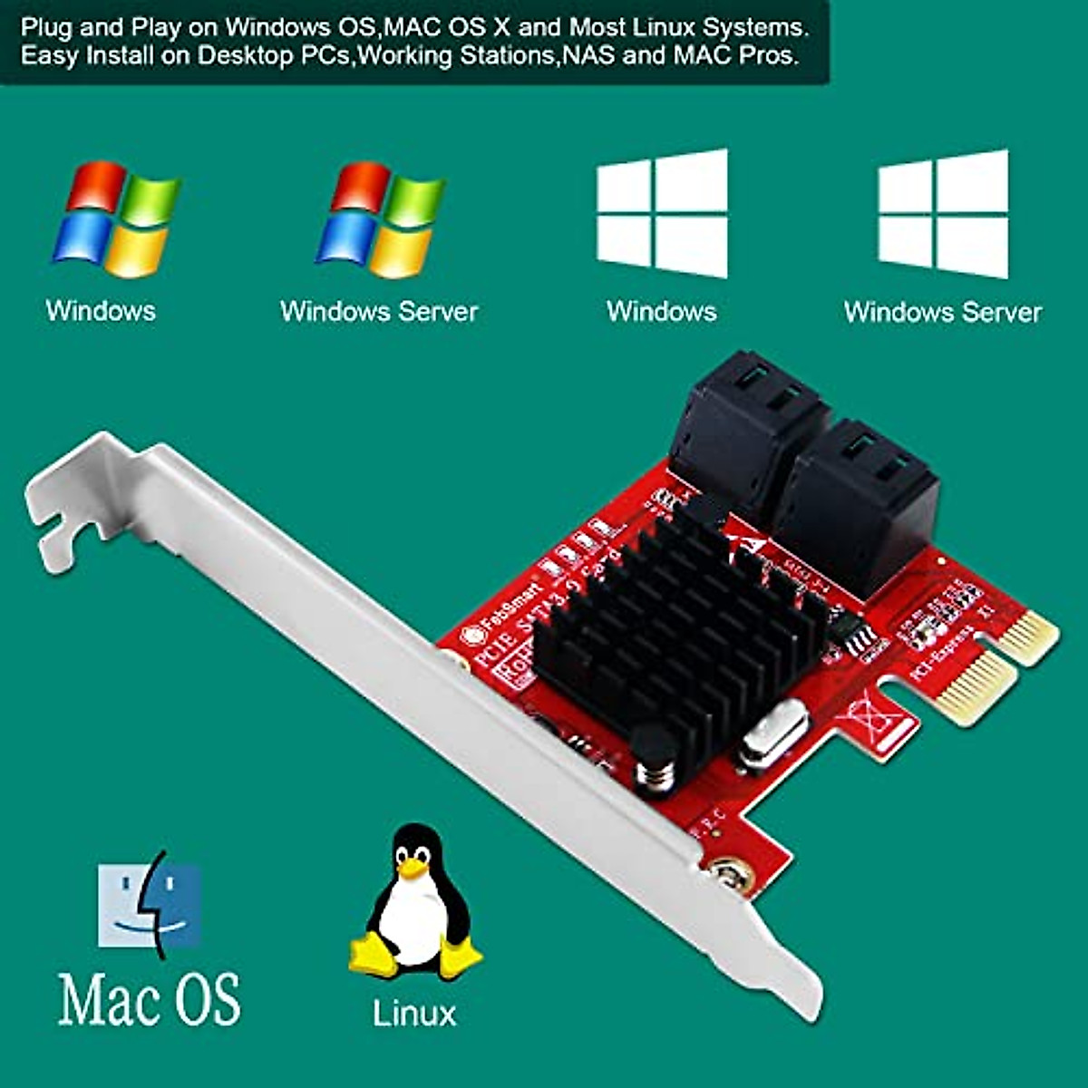 FebSmart PCIE 3.0 to 4-Ports 6Gbps SATA III Expansion Card for Desktop PCs, Plug and Play on Windows OS, MAC OS, Linux, ASMedia ASM1064 None-Raid PCIE 3.0 SATA III Host Controller (FS-S4-Pro V2)