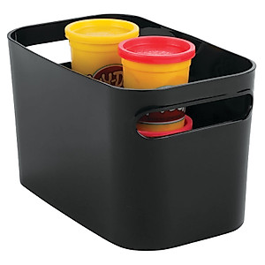 mDesign Plastic Toy Box Storage Organizer Tote Bin with Handles for Child/Kids Bedroom, Toy Room, Playroom - Holds Action Figures, Crayons, Building Blocks, Puzzles, Crafts - 10" Long, 2 Pack - Black