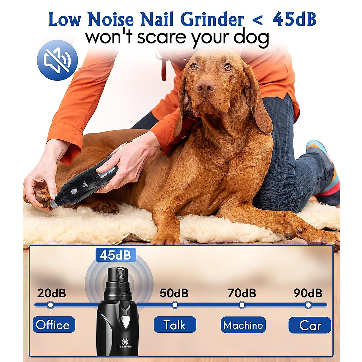 Petsaunter Dog Nail Grinder, 2-Speed and LED Light, Powerful Touch-Switch, Quiet and Low-Vibration Dog Nail Trimmers, and 3 Ports for Large Dogs, Medium, Small Dogs Cats Pets with Hard or Thick Nail