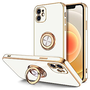 Hython Case for iPhone 12 Case with Ring Stand [360° Rotatable Ring Holder Magnetic Kickstand] [Soft Microfiber Lining] Plating Rose Gold Edge Shockproof Protective Phone Cases Cover for Women, White