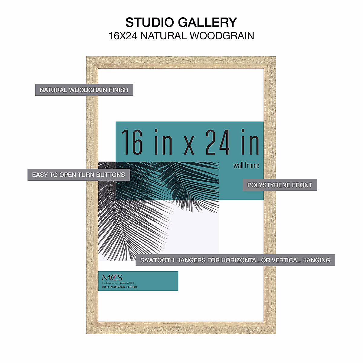 MCS Studio Gallery 16x24 Poster Frame Natural Woodgrain, Vertical & Horizontal Wall Hanging Large Picture Frame for Photos, Posters & Art Prints (1-Pack)