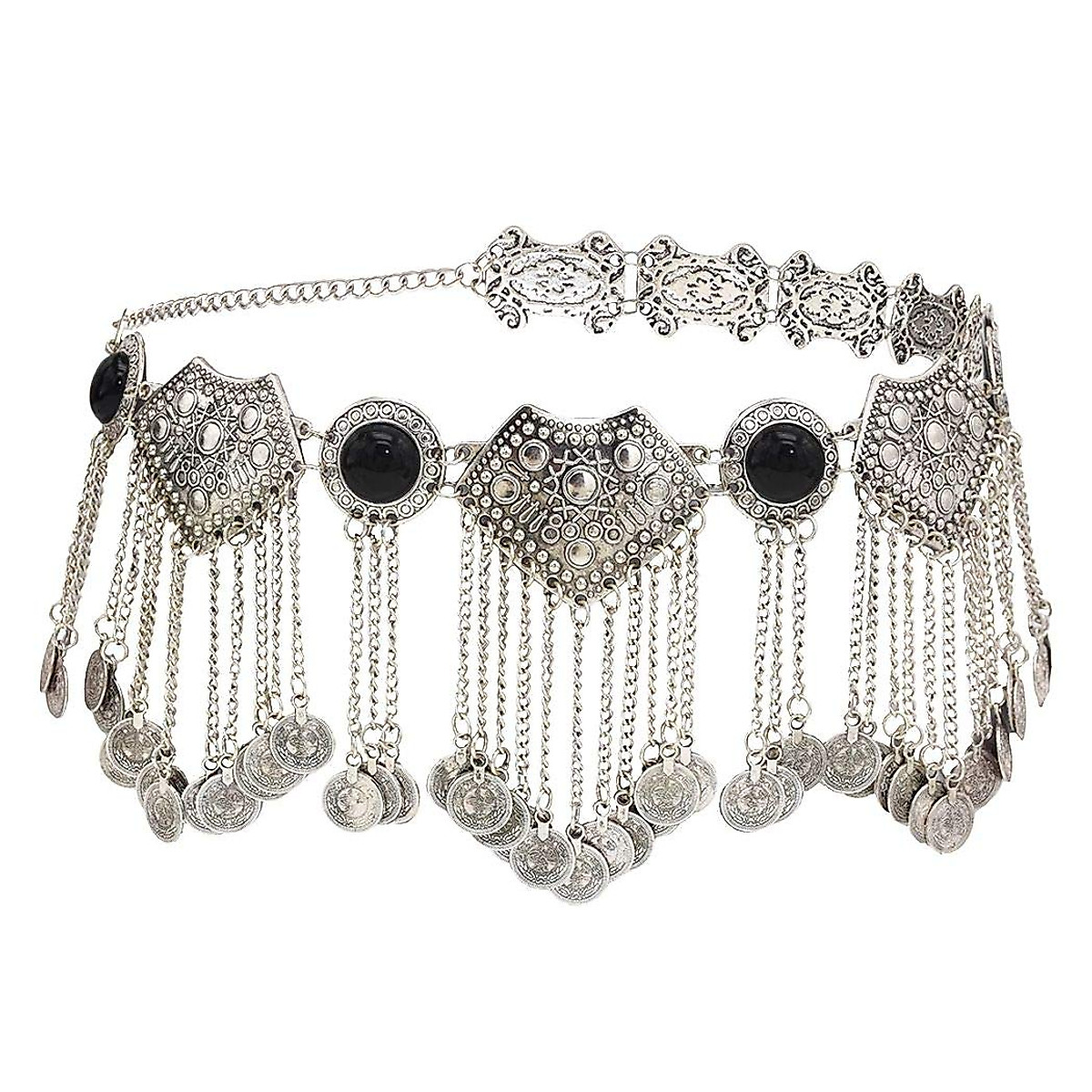 Idealway Vintage Turkish Gypsy Alloy Coin Belly Body Chain Waist Chain Beach Bohemian Festival Body Coin Belt Belly Jewelry for Women … (Body chain black)