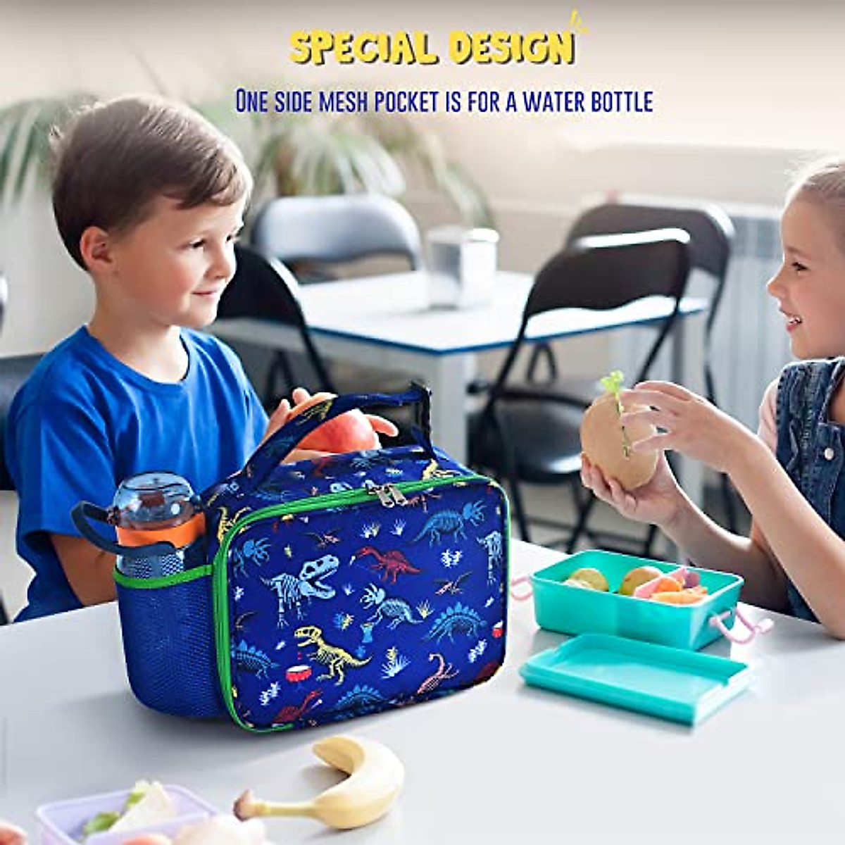 Fossils Dinosaur Lunch Box - Insulated Kids Lunch Box for Boys Lunch Bag School Preschool Kindergarten Elementary Picnic Lunch Tote Bag Waterproof Reusable Lunchbox with Handle and Pocket