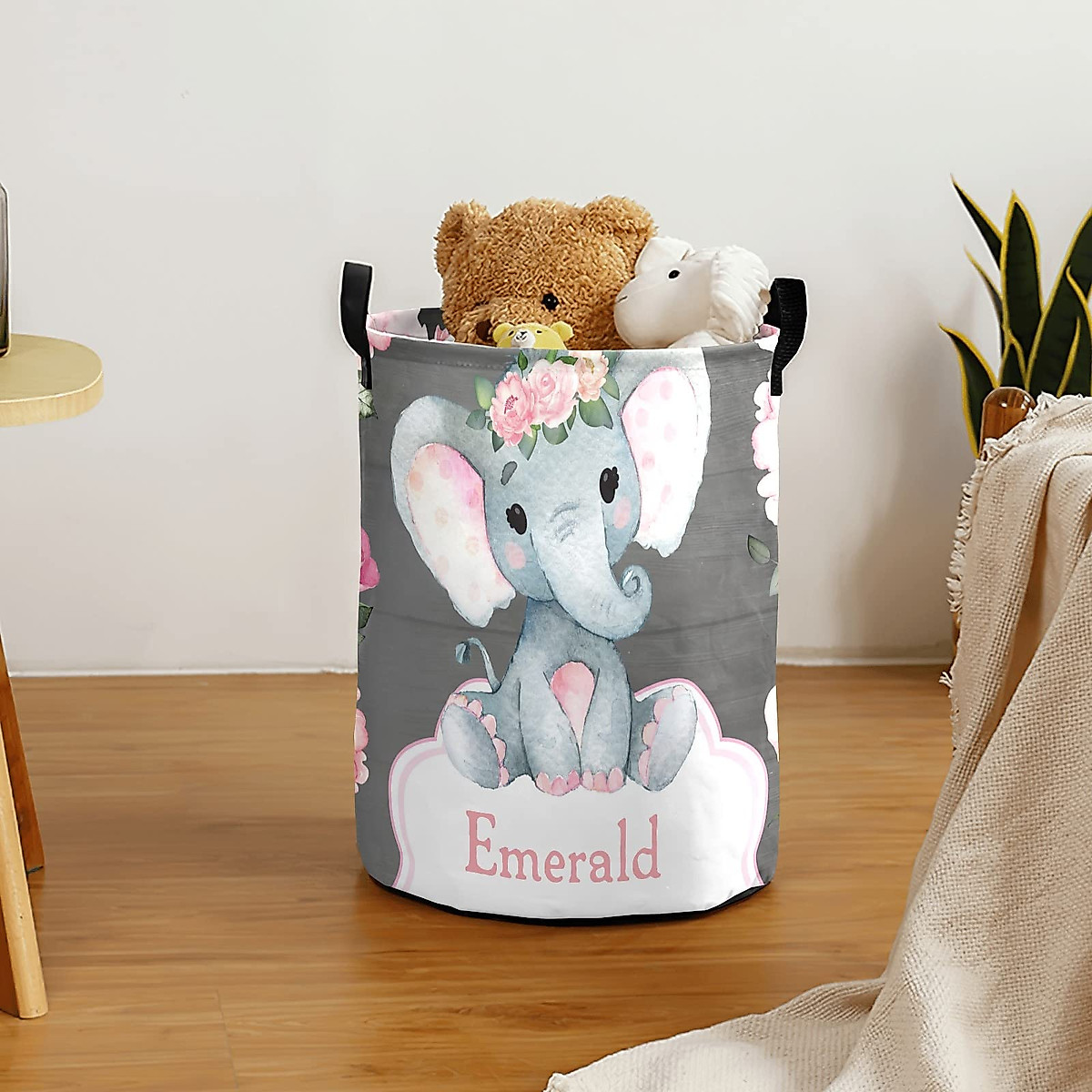 Custom Watercolor Pink Flower Elephant Storage Basket with Handles Personalized Name Waterproof Collapsible Laundry Baskets for Clothes