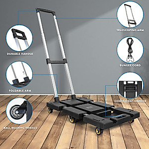 Mount-It! Folding Hand Truck Dolly Cart | Lightweight Foldable Cart with Wheels Heavy Duty with Elastic Cord for Luggage, Travel Moving, Office and Light Industrial Use