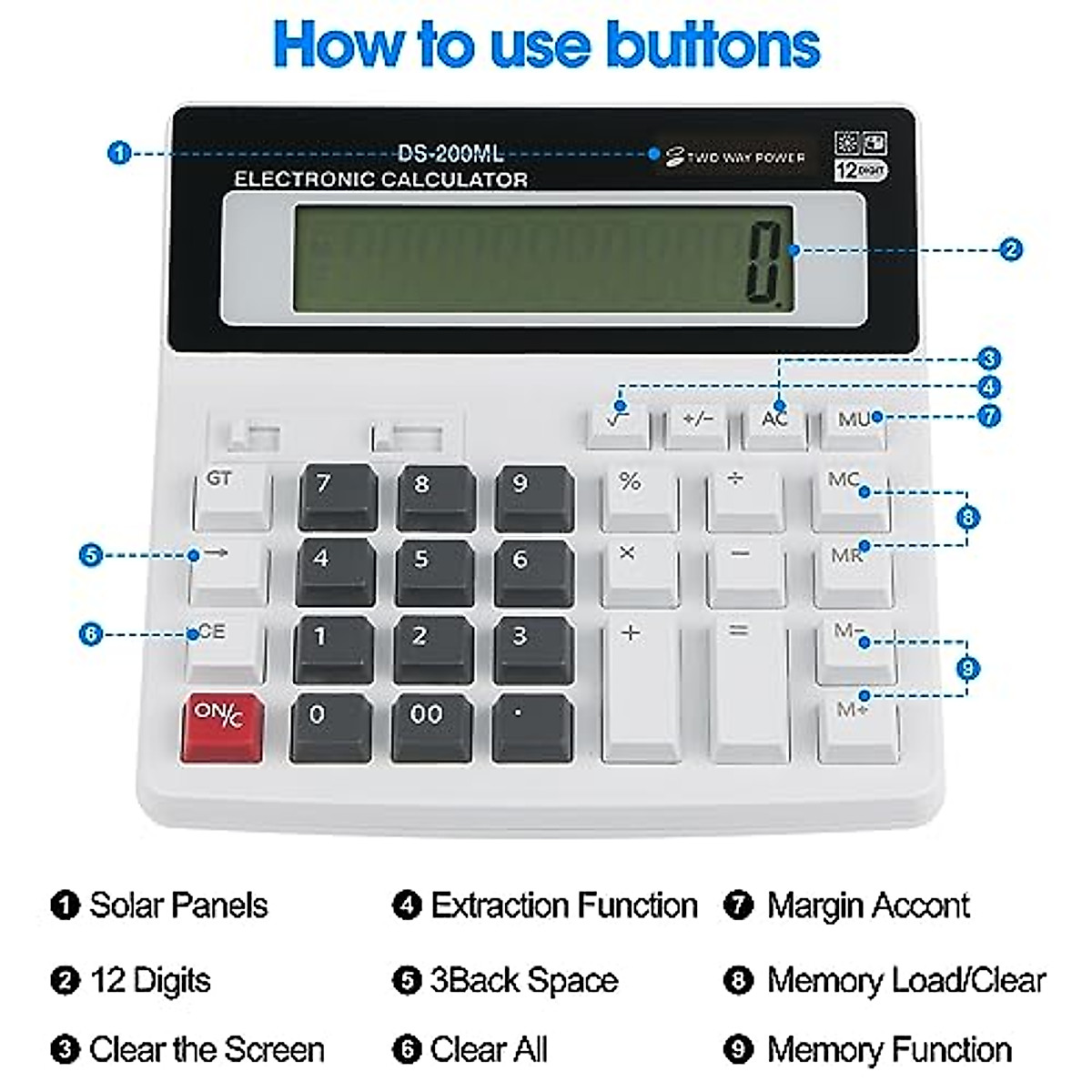 Calculator, BviFioX Desk Calculator, 12 Digit Large LCD Display, Solar and Battery Office Calculator, Large Keys, Standard Function for Daily Use in Home and Office (CT-200ML)