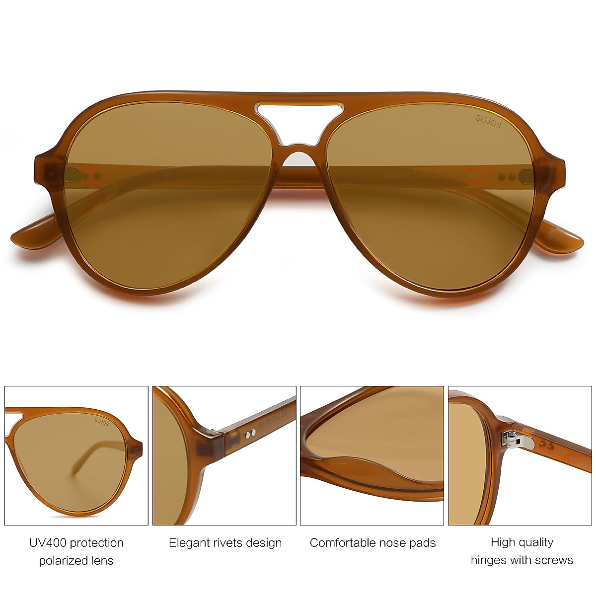 SOJOS Classic Polarized Aviator Sunglasses Womens Mens Retro Double Bridge Aviators SJ2201, Shiny Brown/Brown