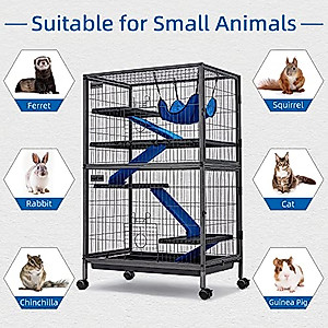 HABUTWAY 50''H Metal Small Animal Cages, Rolling Ferret Cage with Removable Ramps, Lagre Critter Nation Cage for Chinchillas/Guinea Pigs/Rabbit, Rat Cages with Hammock & 5 Tiers, Black