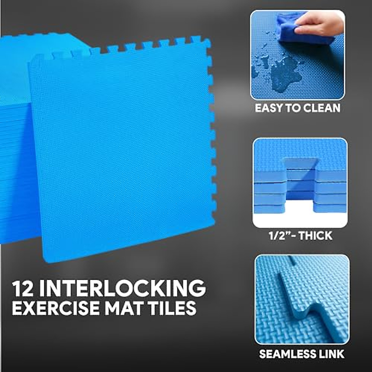 Signature Fitness Puzzle Exercise Mat with EVA Foam Interlocking Tiles for MMA, Exercise, Gymnastics and Home Gym Protective Flooring, 1/2" Thick, 48 Square Feet, Blue