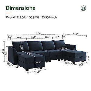HONBAY Modular Sectional Sofa Convertible U Shaped Couch with Reversible Chaise Velvet Modular Sofa Sectional Couch with Storage Ottoman, Dark Blue