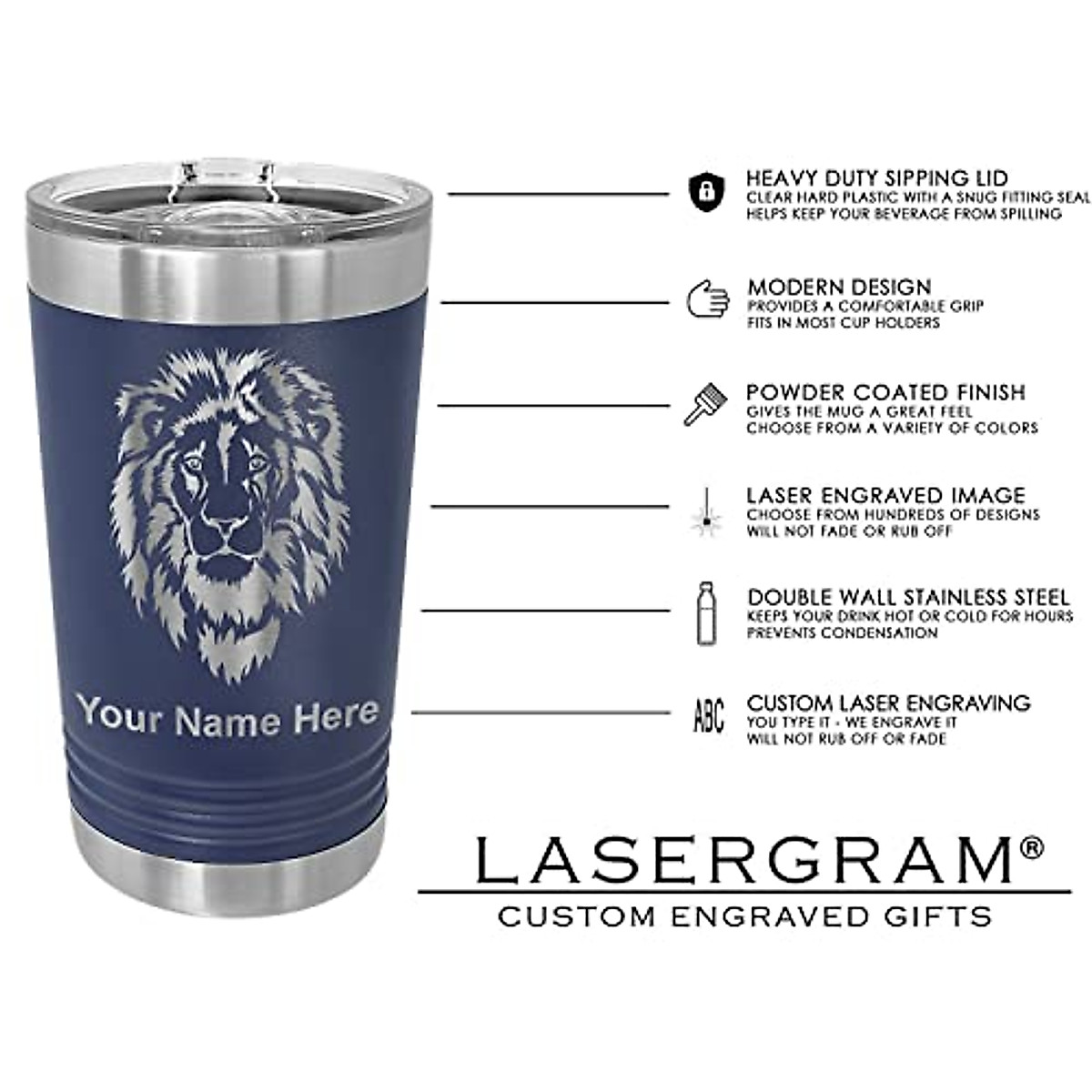 LaserGram 16oz Vacuum Insulated Pint Tumbler, Alien Head, Personalized Engraving Included (Navy Blue)