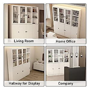 FAMAPY Storage Cabinet Set Bookcase Cabinet Display Cabinet with Glass Doors, Bookcase with Doors, Open Shelves, Black Handles, for Living Room White (62.9”W x 12.2”D x 70.9”H)