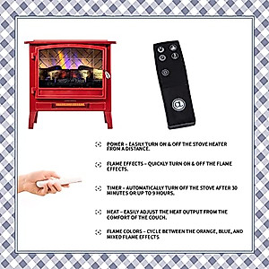 Country Living Infrared Freestanding Electric Fireplace Stove Heater in Deep Red | Provides Supplemental Zone Heat with Remote, Multiple Flame Colors, Metal Design with Faux Wooden Logs