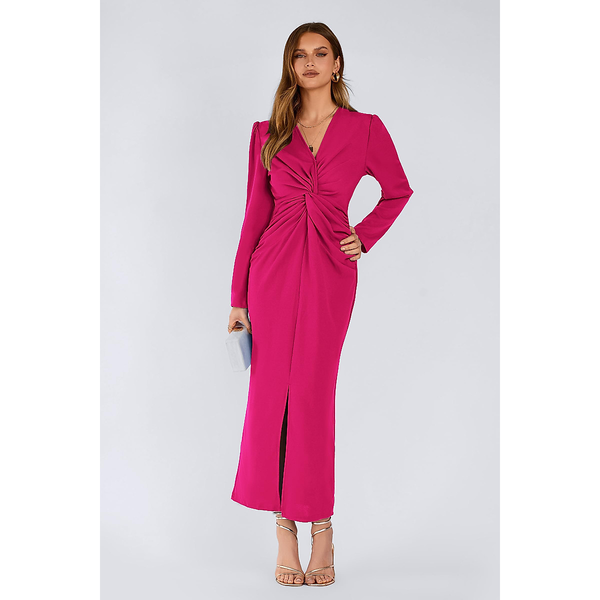 PRETTYGARDEN Women's Spring Fall Fashion Long Puff Sleeve Maxi Dresses V Neck Twist Front Formal Dress with Slit (Rose Red,Large)