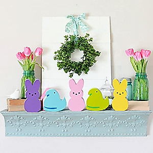WATINC 5PCS Easter Peeps Chick Table Decor Tiered Tray Sign, Bunny Wooden Signs Tabletop Decoration, Double-sided Rabbit Chicken Wood Centerpiece Desk Topper Easter Spring Holiday Party Gift Supplies