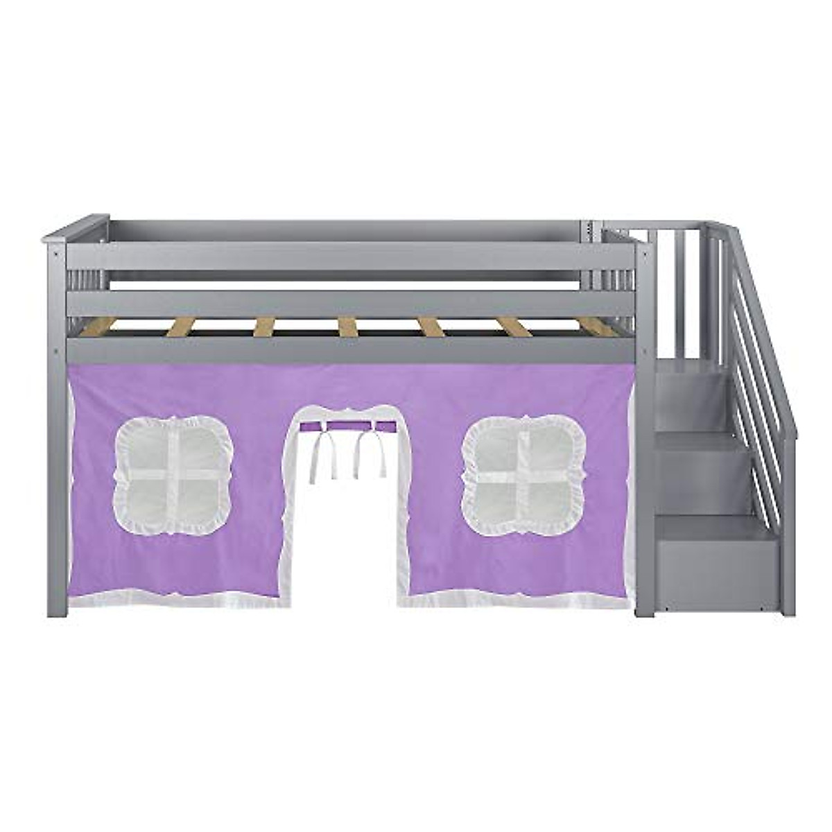 Max & Lily Low Loft Bed, Twin Bed Frame With Stairs and Curtains For Bottom, Grey/Purple