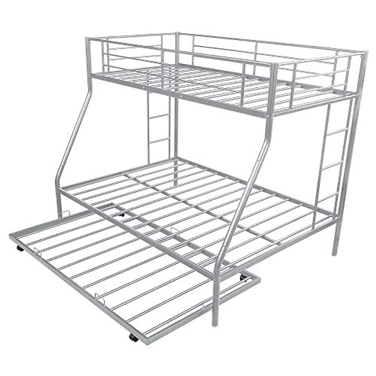 Metal Bunk Beds Twin Over Full Size with 2 Ladder and Trundle Bed for Kids Teens Adults, (Silver)