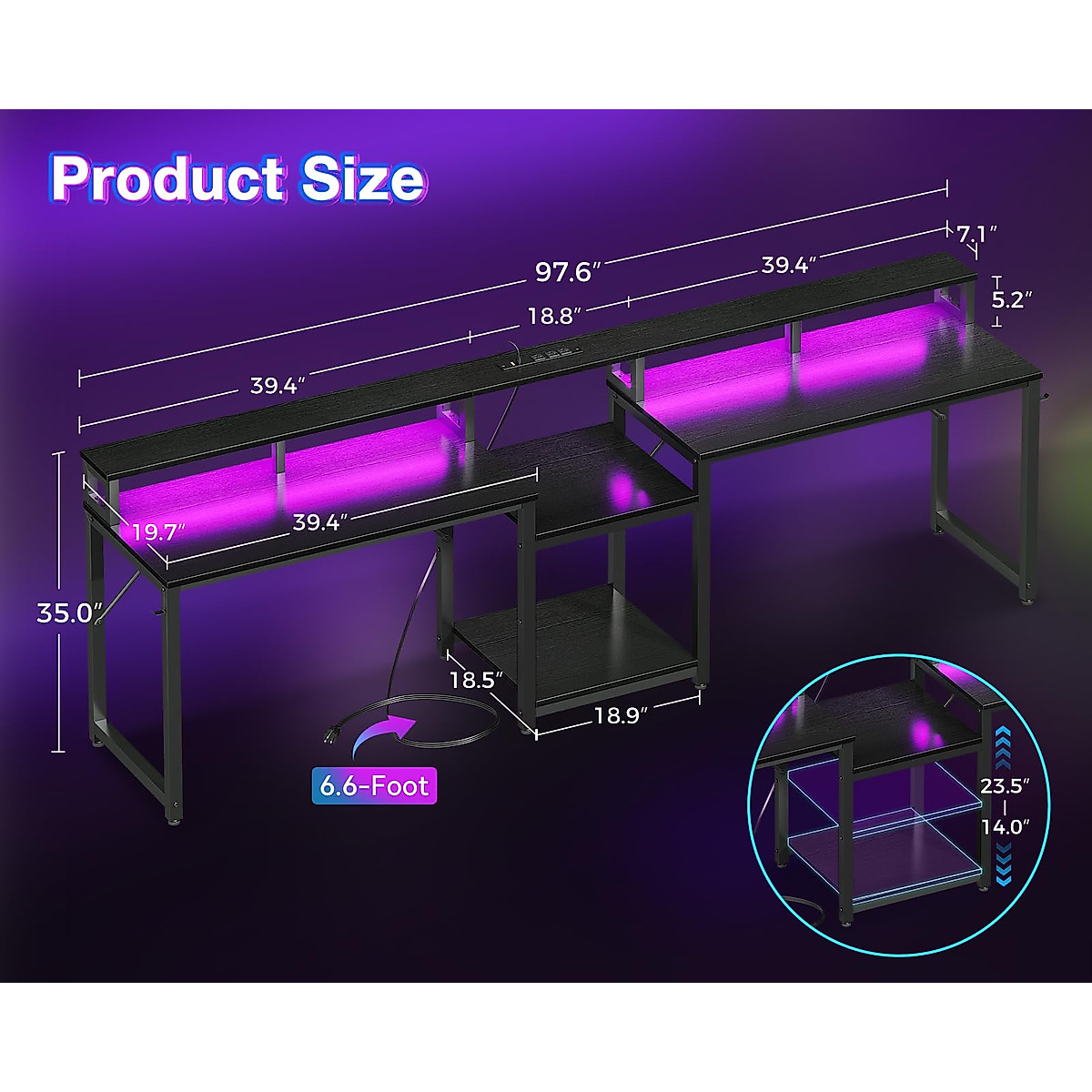 Coleshome 98 Inch 2 Person Gaming Desk with Storage Shelves- Long Double Home Office Computer Desks with USB Charging Port & LED Lights, Writing Desk with Monitor Stand, Modern Study/Work Table, Black