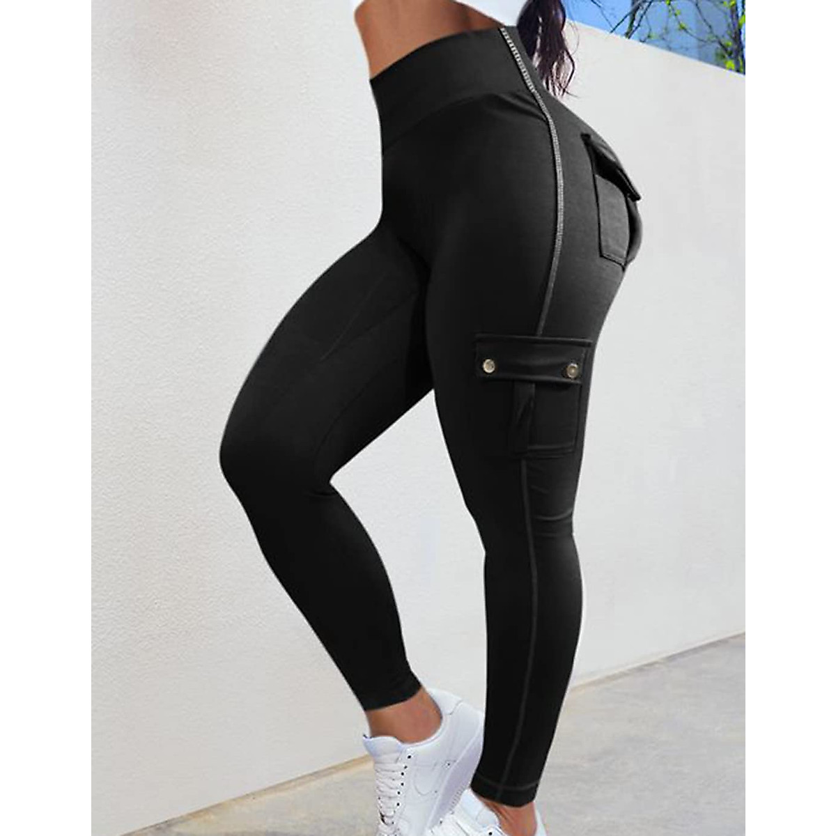 Flamingals Butt Lifting Leggings with Flap Pockets Workout Cargo Leggings for Women Black S