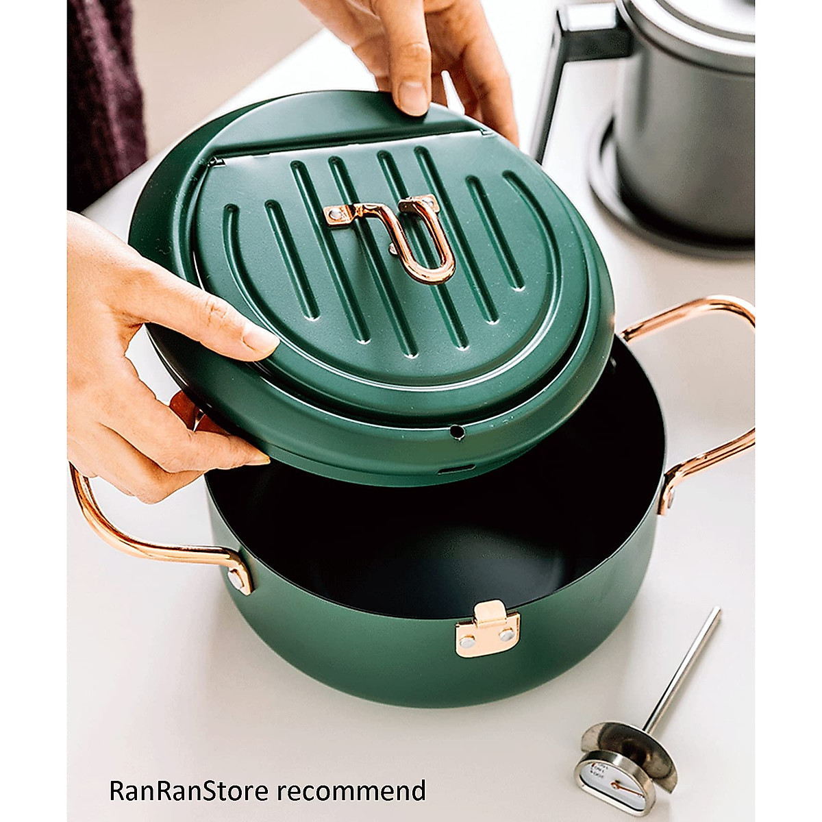 Cyrder Japanese Tempura Deep Fryer Pot with Fahrenheit Thermometer 3.5L- Nonstick Carbon Steel Oil Fryer, Fried Tempura/Chicken/Fish/Shrimp, Easy Clean, Green Big Tempura Pan, 10.2inch