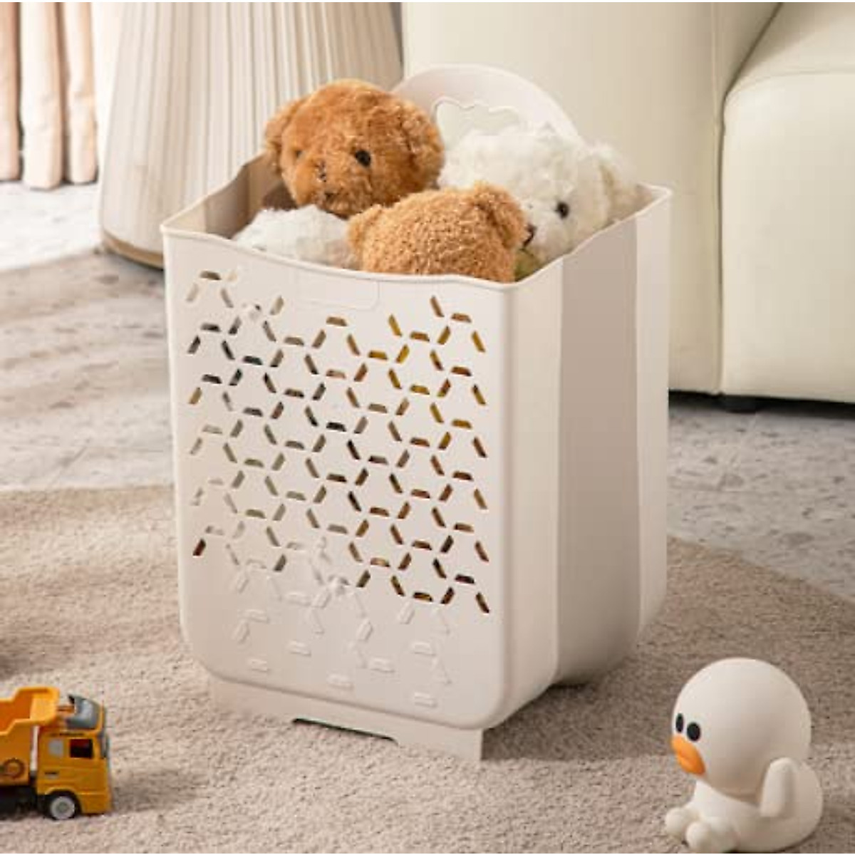 Foldable Plastic Laundry Baskets. Wall Hanging Storage Basket. Multi-function Storage Container Waterproof Durable for Bedroom and Bathroom (L, Beige)