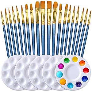 Paint Brushes Palettes Set by DUGATO, 2 Packs/20pcs Round Pointed Tip Nylon Hair Brushes with 5 Paint Trays for Acrylic Watercolor Oil Gouache Tempera and Body Painting