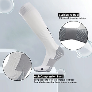 Three street Baseball Socks, Over Knee High Coolmax Wicking Moisture Sport Football Softball Volleyball Long Compression Socks White 3 Pairs Large