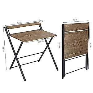 FurnitureR 31.9'' Folding 2 Tier Foldable Assembly Saves Space for Home Office Study, Metal Frames/Wood Top Laptop Table, Brown Computer Desk