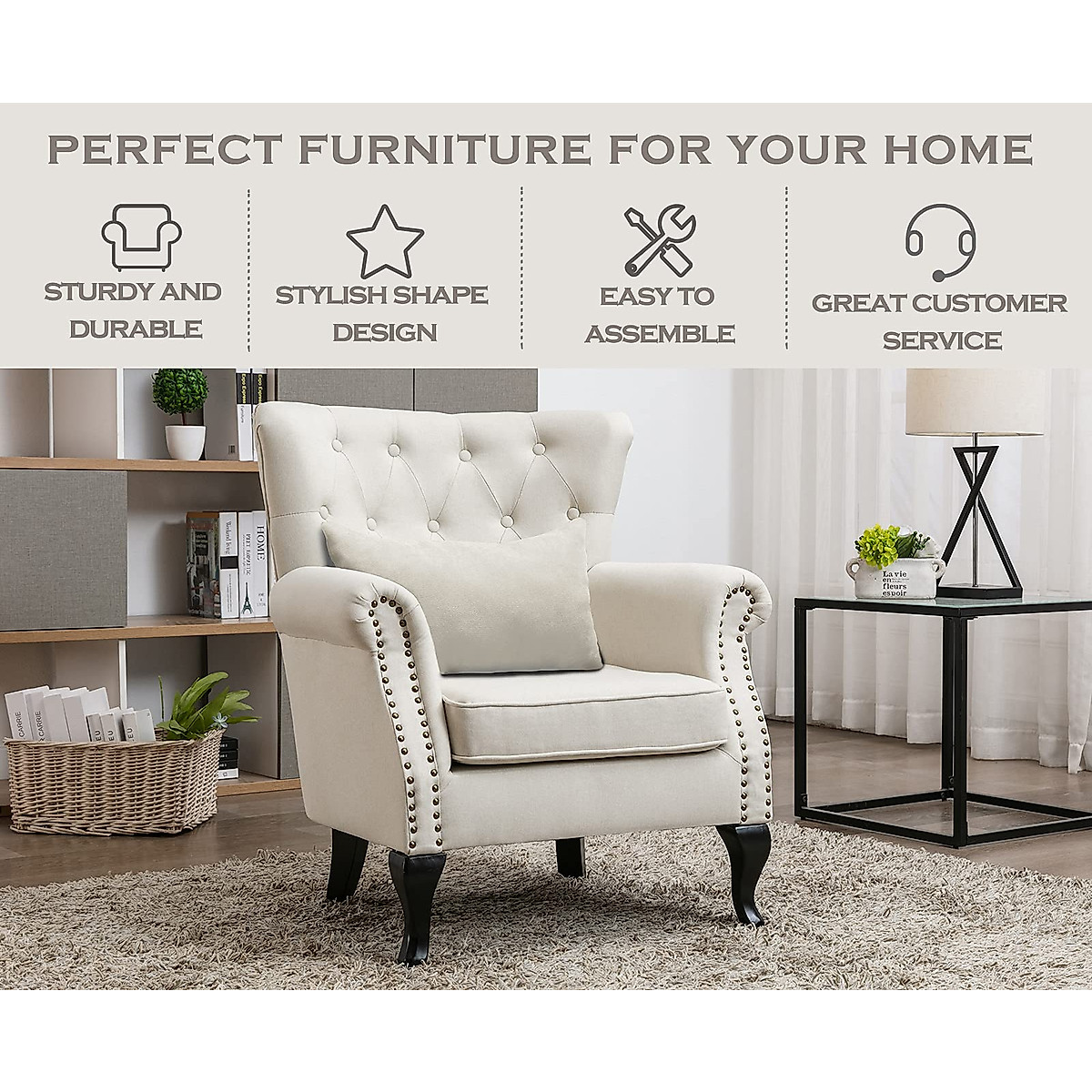 Kmax Fabric Club Chair Tufted Throne Chair Mid Century Accent Wingback Chair Padded Seating Wood Legs Home Club Bedroom Living Room, Beige